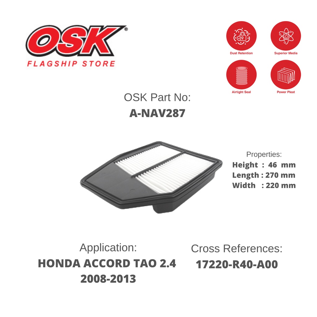 OSK AIR FILTER for HONDA ACCORD TAO 2.4 2008-2013 17220-R40-A00 ...
