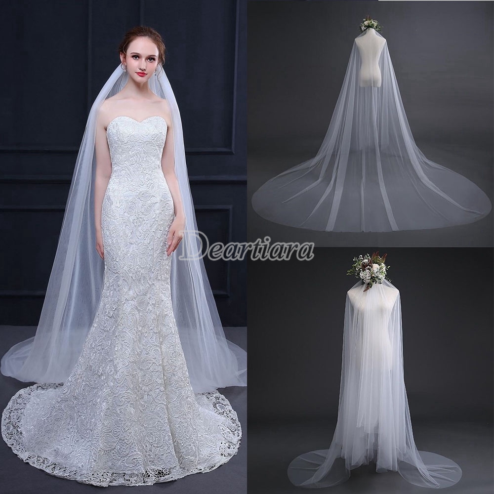 3m Long Tailed Princess Veil Pure Pigmented Single Layer Veil with Hair ...