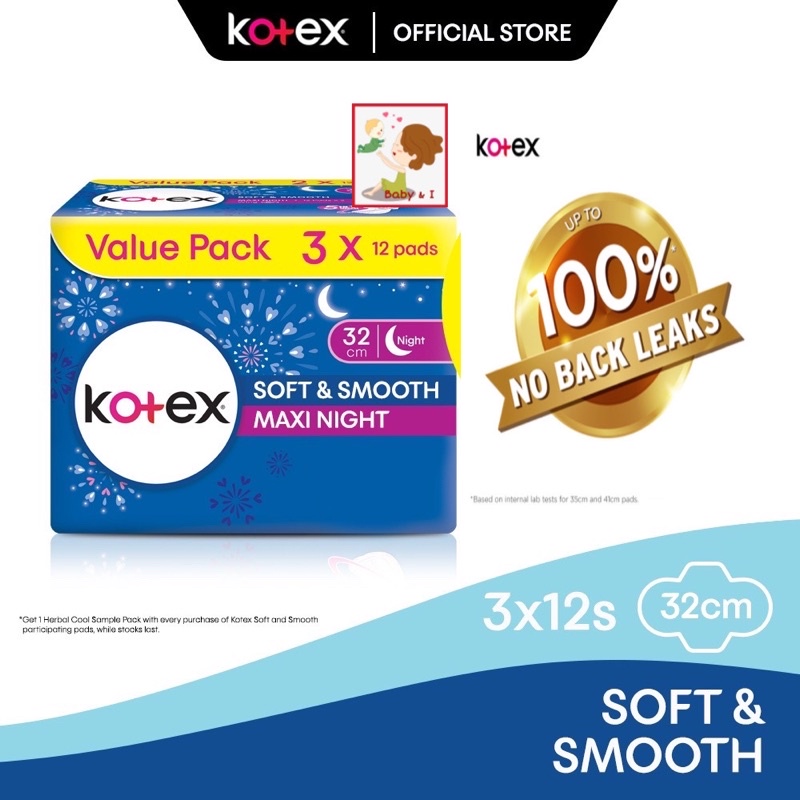 KOTEX Soft Smooth Maxi Night Overnight Wing 32cm / 12 pads x 3 ( Super ...