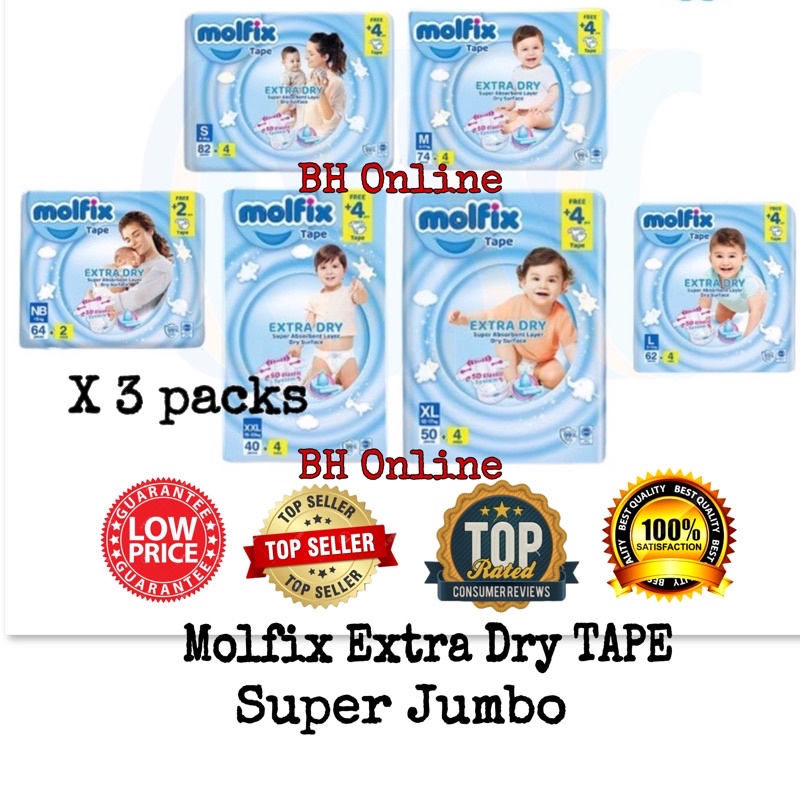 Molfix Extra Dry Tape For Baby Disposable Diapers ( 3 Packs ) - NB, S ...