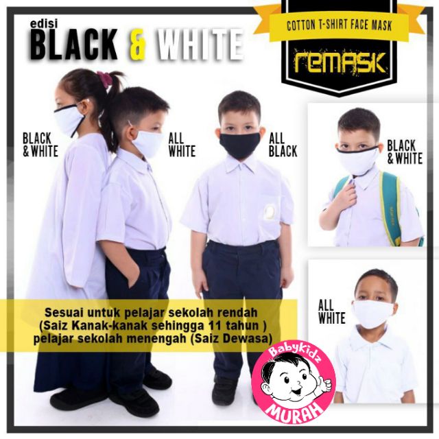 [Remask] Face Mask White & Black for School Kids | Cotton Face Mask ...