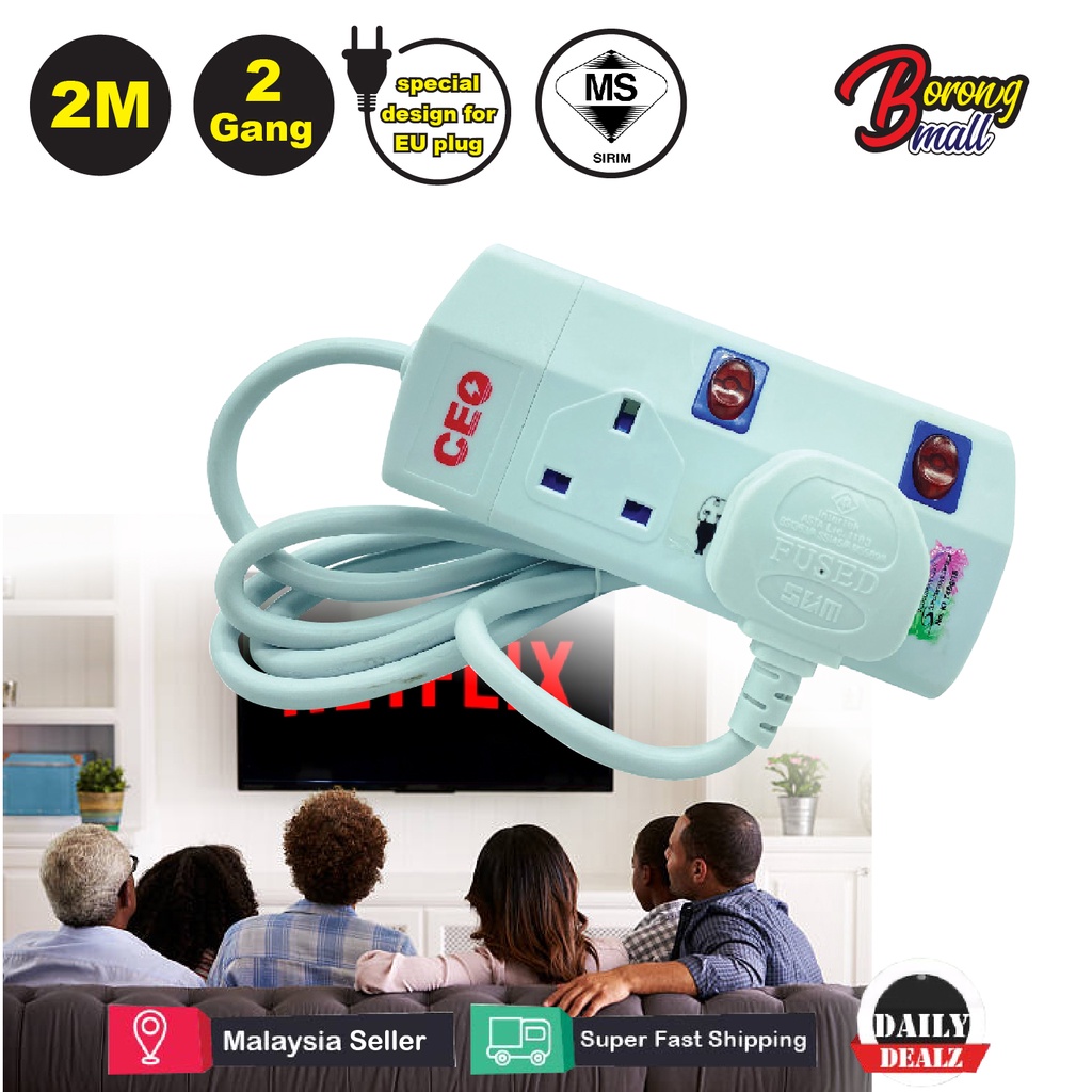 (SIRIM APPROVED) 2 GANG 2 METER Trailing Socket Extension Plug ...