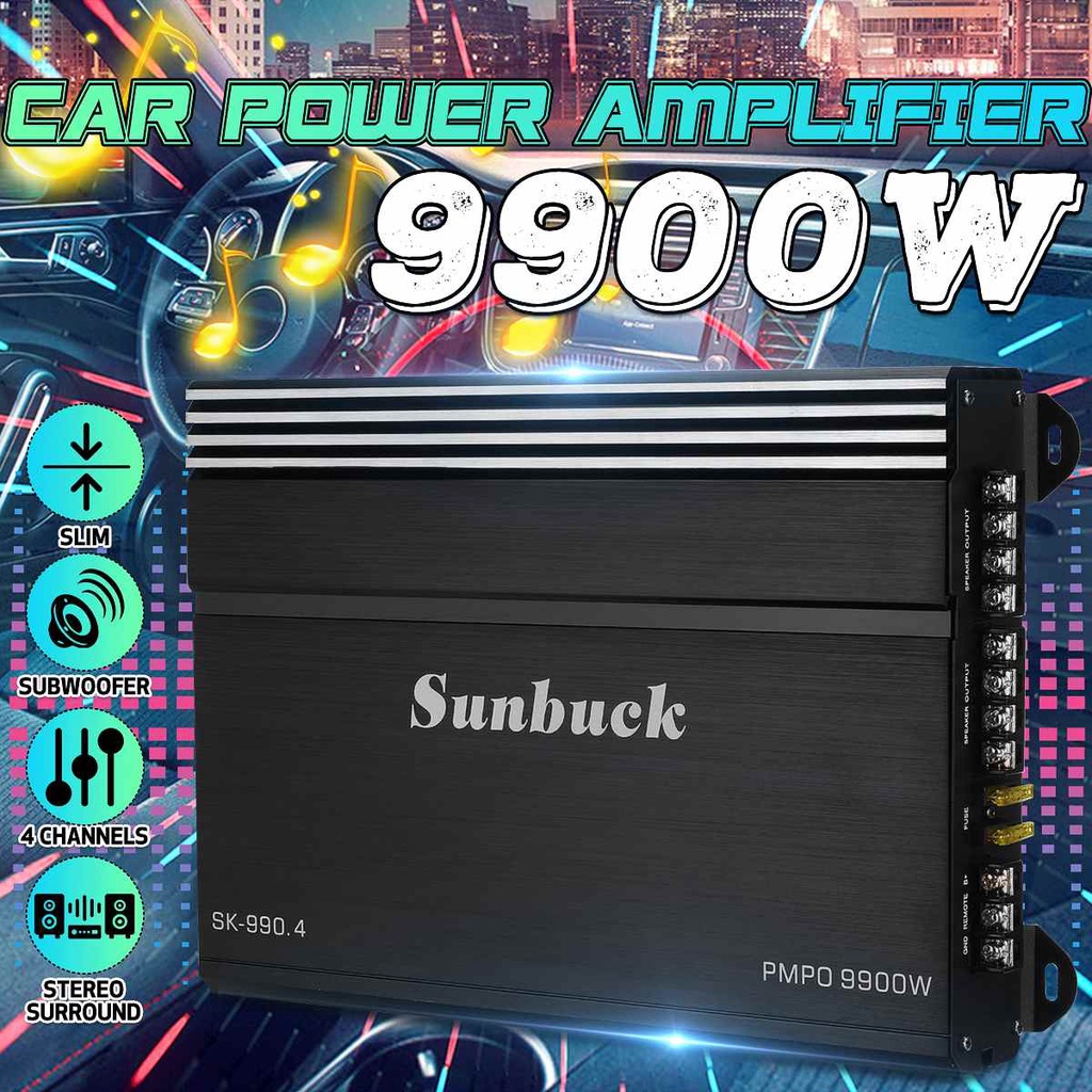 Sunbuck DC 12V 9900W 4 Channel Car Amplifier Stereo Bass Speaker High ...