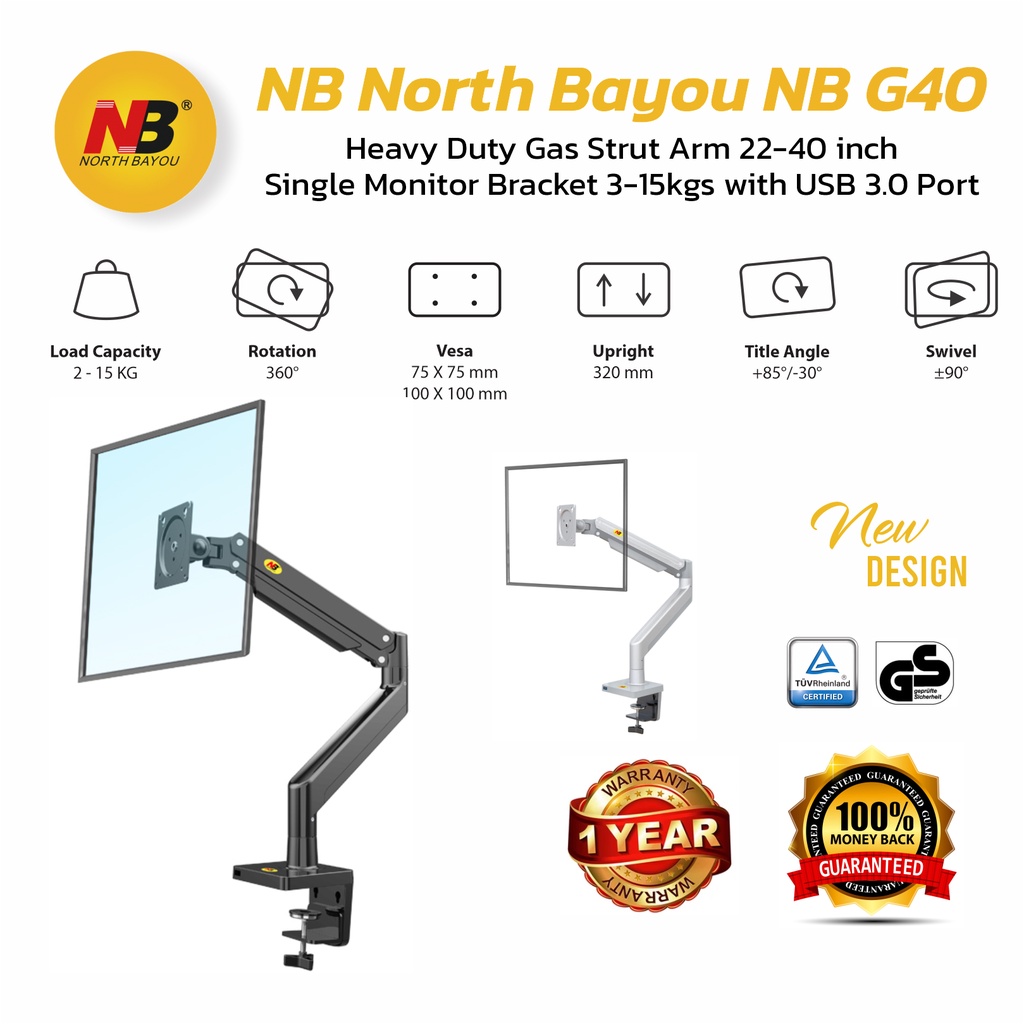 NB G40 North Bayou Heavy Duty Gas Strut Arm 22-40 inch Single Monitor ...