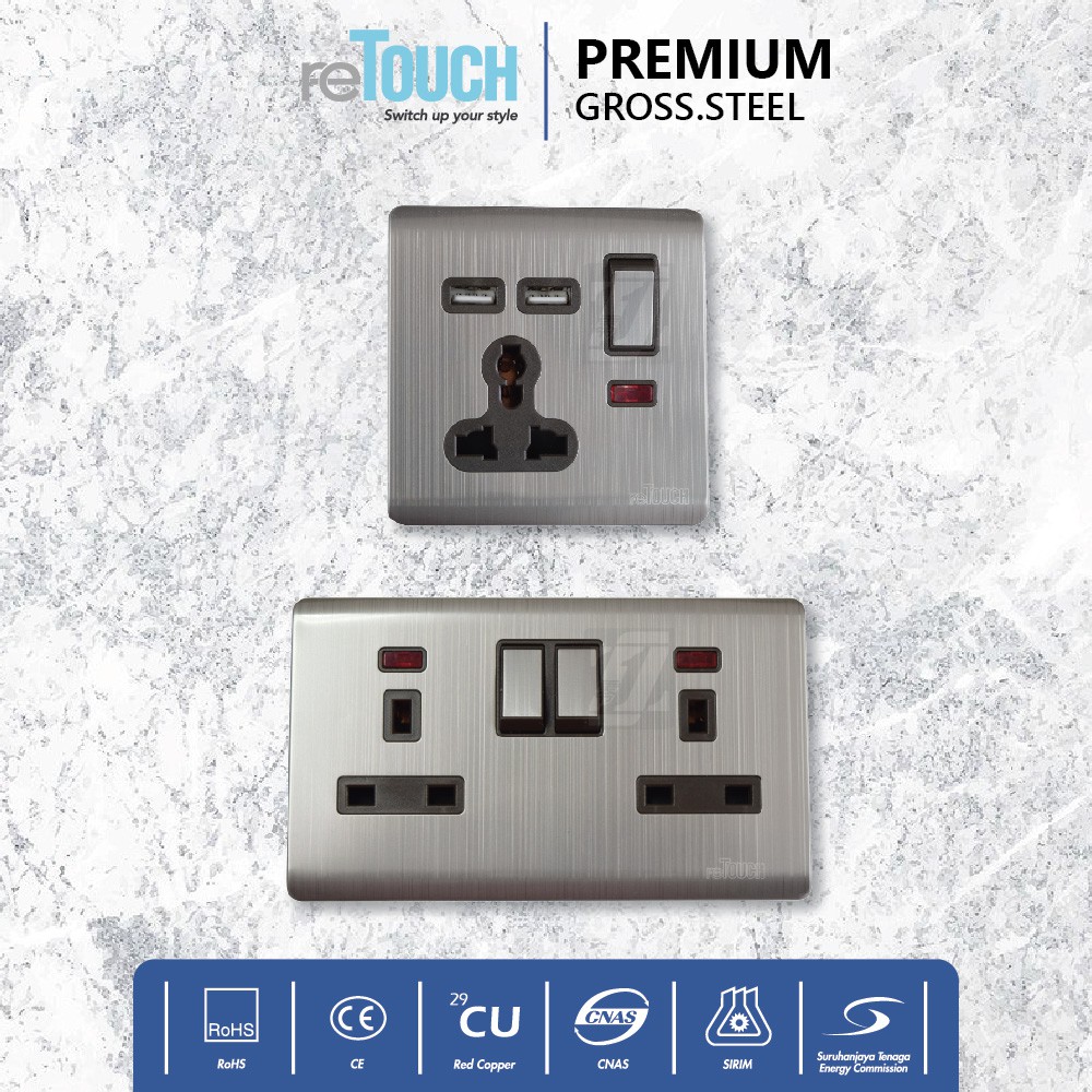 Retouch Premium Gross Steel Aluminium Socket 13A Universal USB, 2G 13A ...