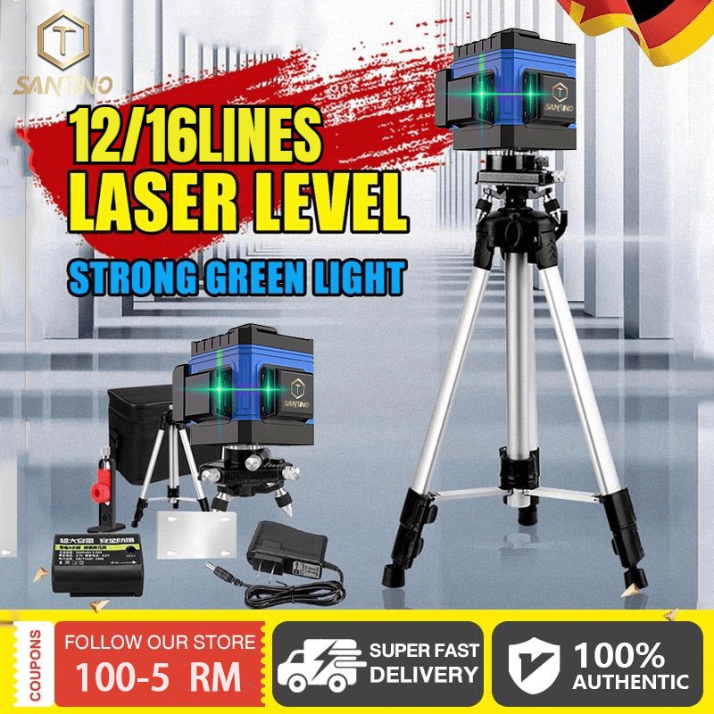 SANTINO 4D 12/16 Line Laser Level Battery Tripod Self-Leveling Green ...