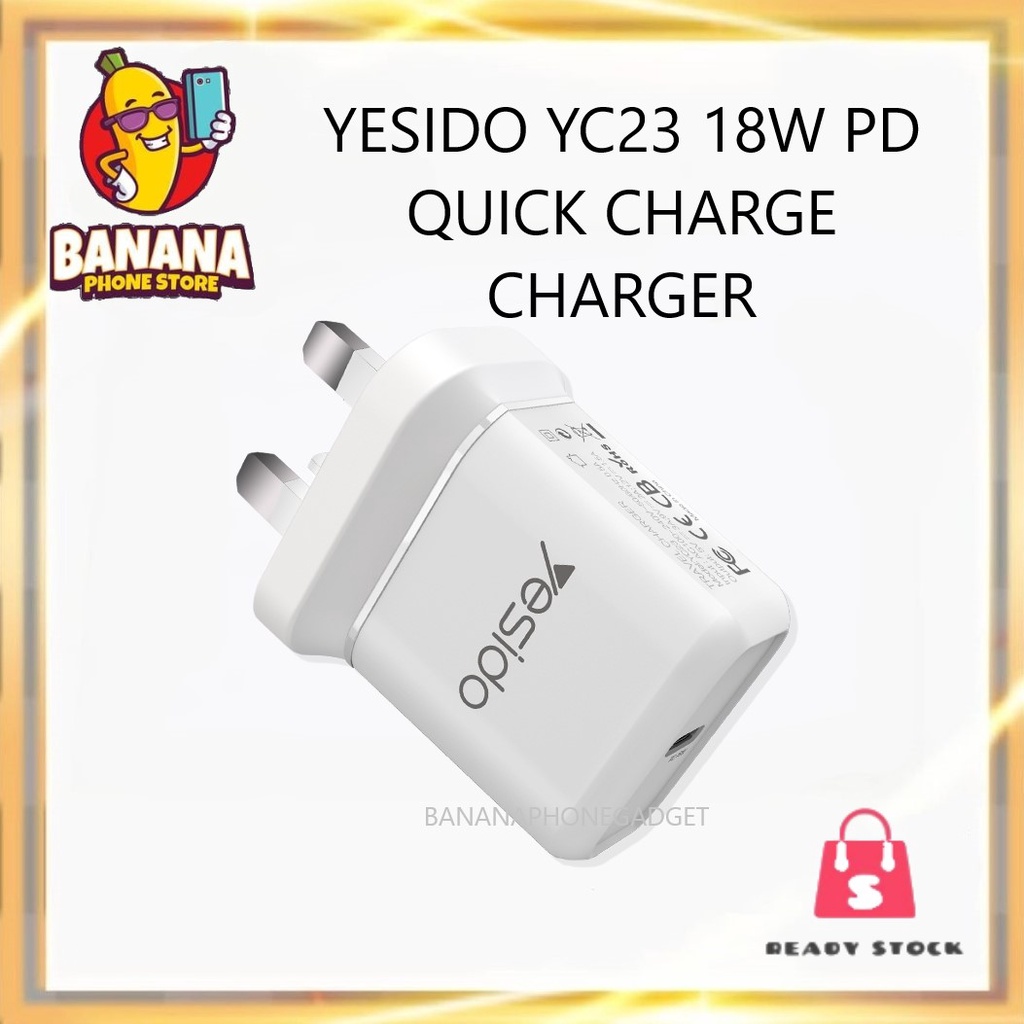( READY STOCK ) YESIDO YC23 18W PD QUICK CHARGE UK WALL CHARGER TYPE C PLUG CHARGER UK SOCKET ...