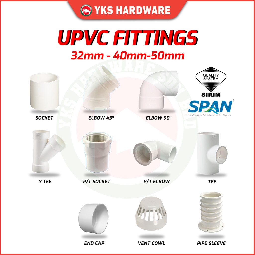 32MM/ 40MM/ 50MM / UPVC Fittings - Socket/Elbow/Tee - P/T Socket/Elbow ...
