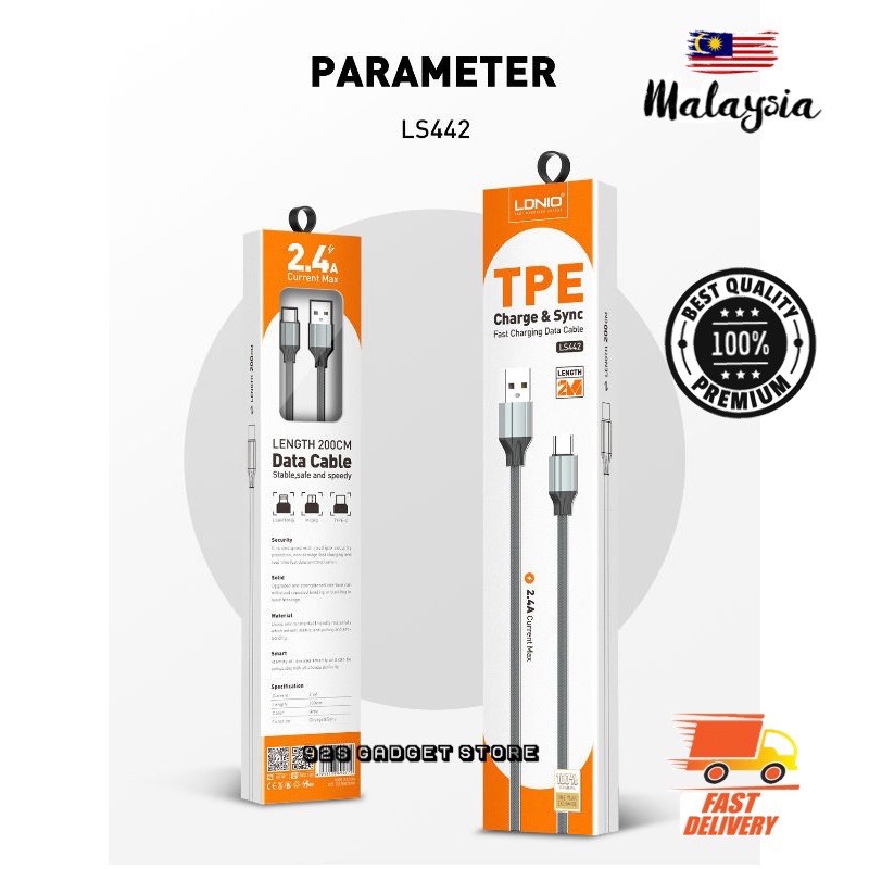 LDNIO LS441 LS442 1Meter/2Meter Length 2.4A Fast Charge Data Cable For iOS Micro TYPE-C | Shopee ...