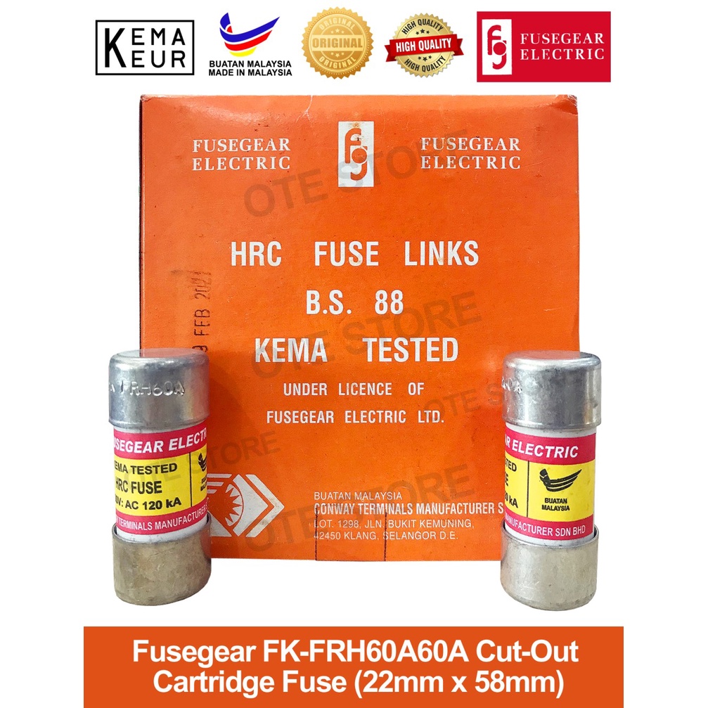 Fusegear FK-FRH60A 60A 22mm x 58mm Cut Out Cartridge Fuse (Made in ...