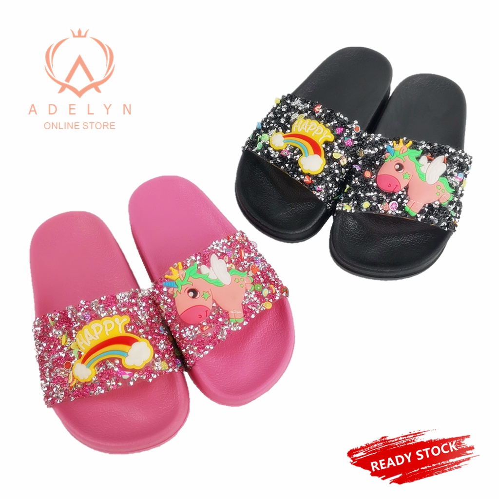 KIDS AD1 SLIPPER GIRL SHINING SLIP ONS UNICORN PONY SOFT DIAMOND ...