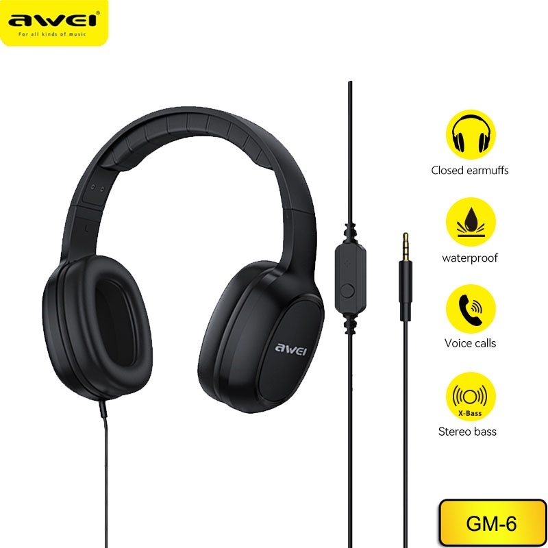 AWEI A666BL GM-6 HIFI Super Bass Wired Headset With Microphone Over-Ear ...