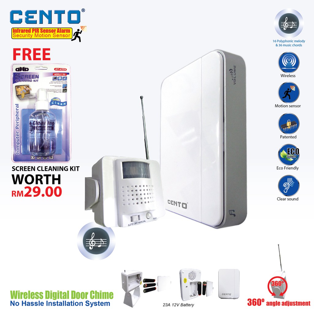 Cento Wireless Digital Door Bell Water Proof Button Plug & Use CT-329 ...