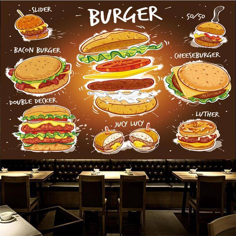 Custom Burgers Restaurant Wall Paper 3D Blackboard Hand-painted Western ...