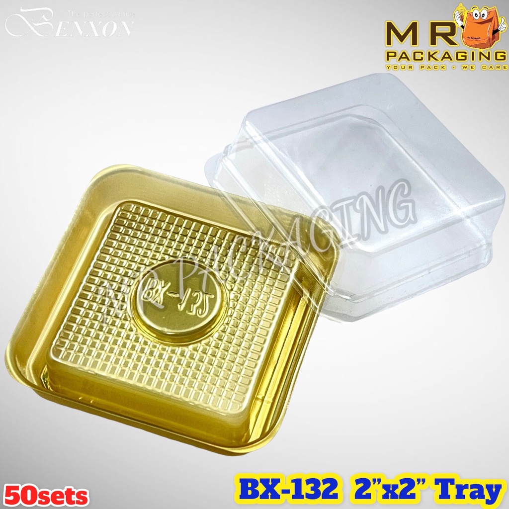 BX-132 2" Plastic Gold Tray & Lid [ 50sets± ] Door Gift Mooncake Bakery Clear OPS PET Food Box ...