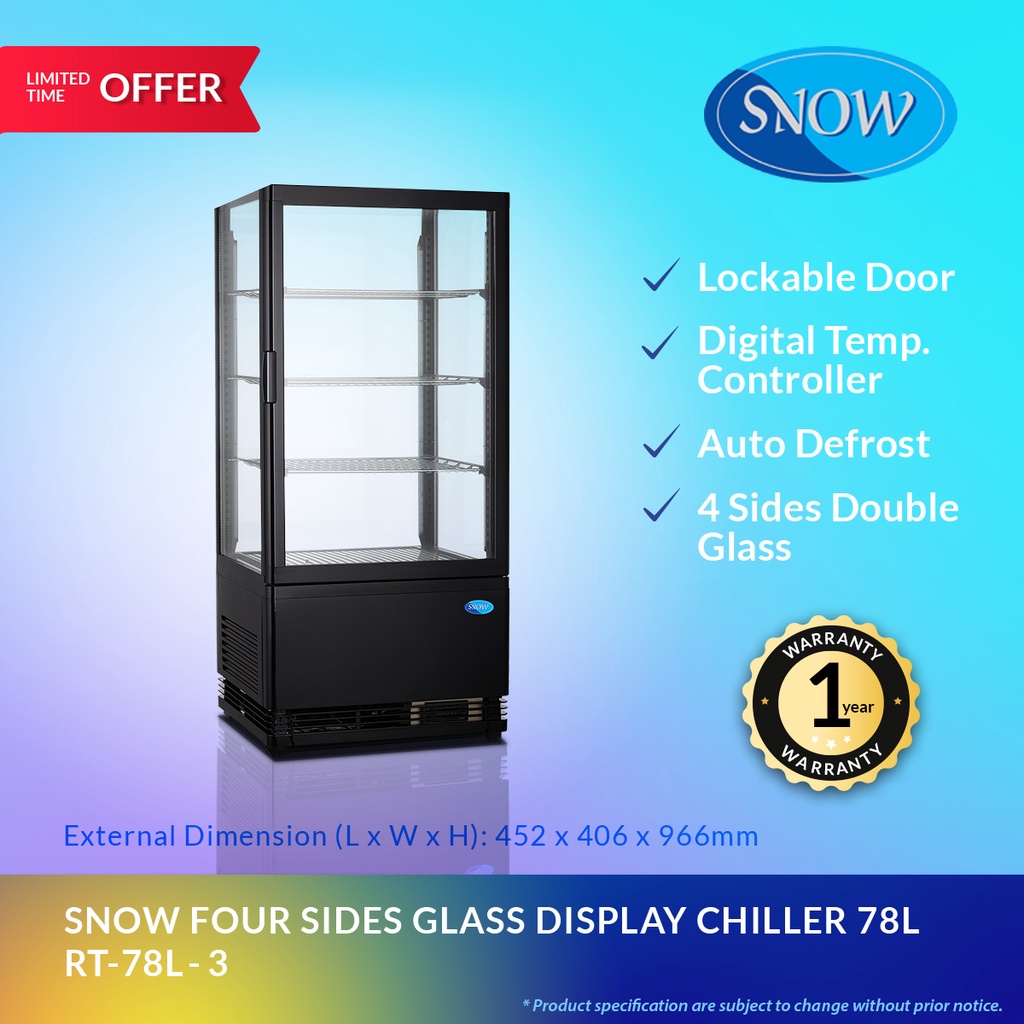 SNOW 4 SIDES GLASS DISPLAY CHILLER 78L (1 year Warranty) / RT-78L-3 ...