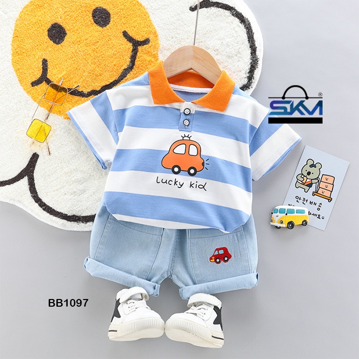 SKM Children Boy Stripe Collar Shirt & Jeans Short Pants Clothes Set 6M ...