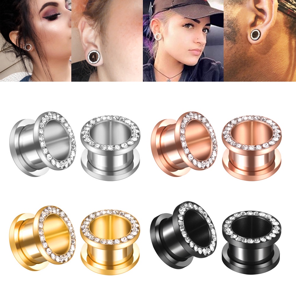 Alisouy 2 Pieces Stainless Steel Crystal Zircon Ear Tunnels Plug Screw ...