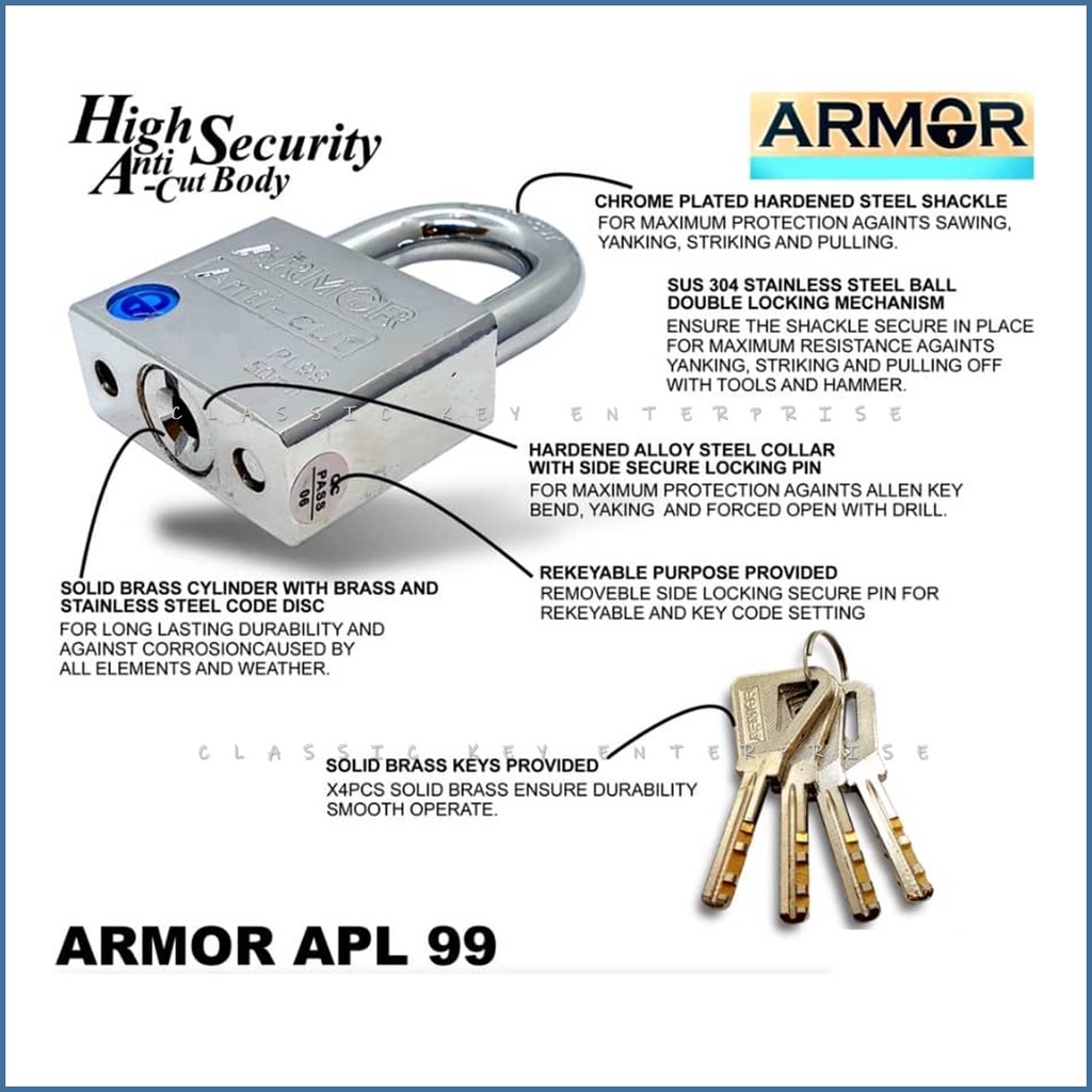 ARMOR Padlock Hardened Steel Body Anti Cut APL-99 (Size 50mm x 4pcs ...
