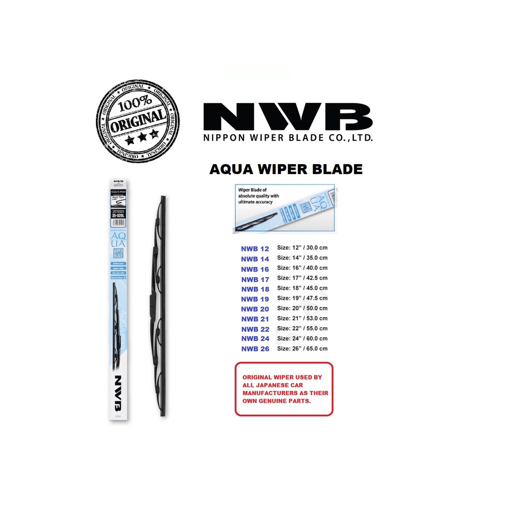 NWB AQUA Wiper Blade Single Size: 12" 14" 16" 17" 18" 19" 20" 21" 22" 24" 26" Proton Perodua ...