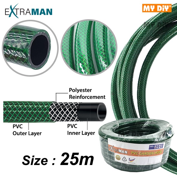 MYDIYHOMEDEPOT - EXTRAMAN 25M REINFORCED PVC RUBBER GARDEN HOSE GREEN ...