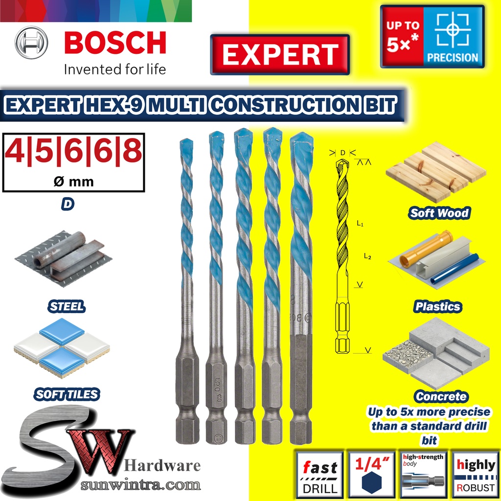 BOSCH 5 Pcs Expert HEX-9 Multi Construction Drill Bit Set #2608900585 ...
