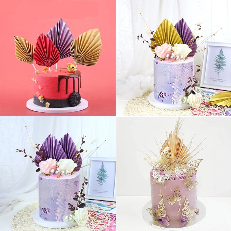 2pcs Paper Folding Fan Cake Toppers Gold Leaf Birthday Cake Toppers for ...