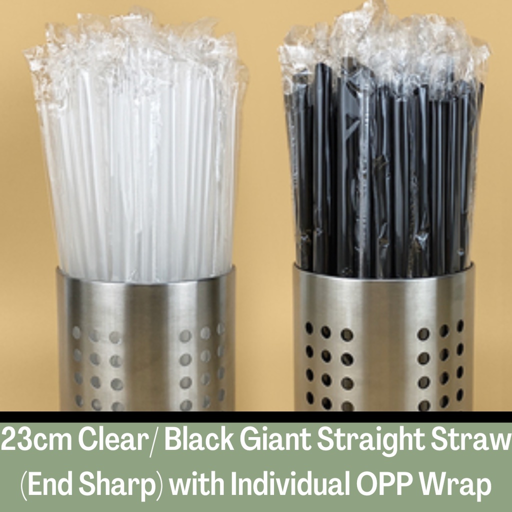 100pcs)[BLACK/ CLEAR] 23cm Giant Straight Straw (One End Sharp) with ...