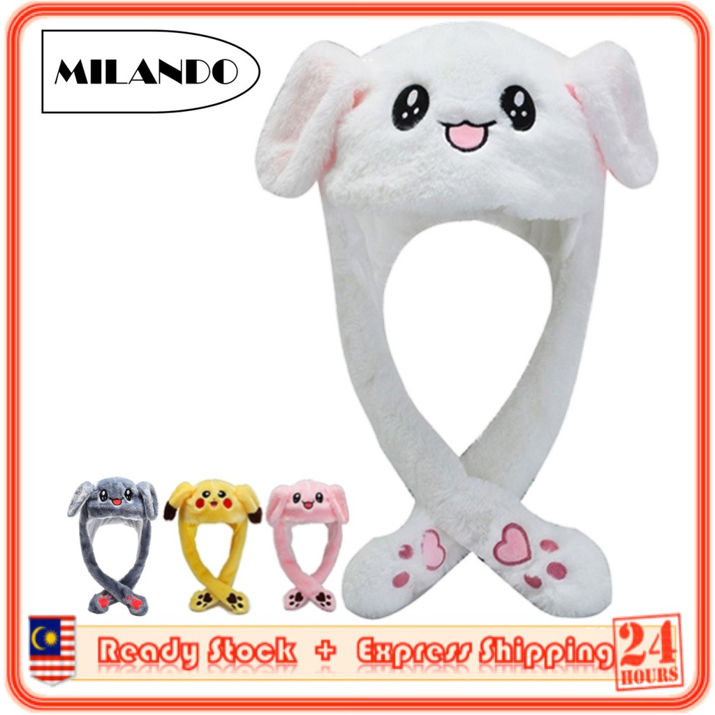MILANDO Kid Rabbit Hat Plush Moving Ear Hat Bunny Ear Up Down Hand ...