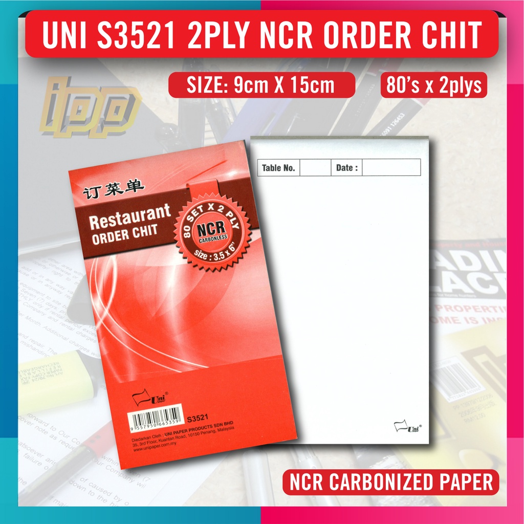 Uni Restaurant Order Chit NCR 2Ply 9cm X 15cm / Buku Bil Pesanan 80's x ...