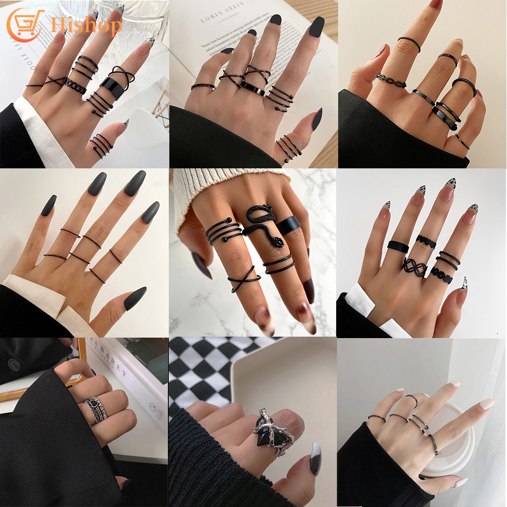 Simple Black Ring Set Cross Snake Butterfly Heart Cool Girl Accessories ...