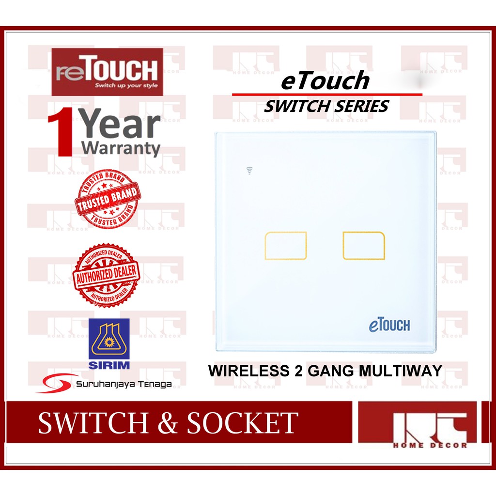 RETOUCH eTOUCH 2 GANG WIRELESS MULTIWAY TOUCH WALL SWITCH TEMPERED ...