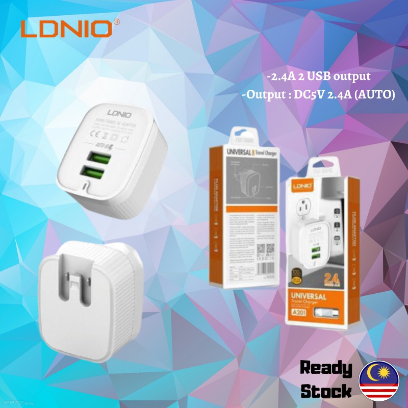 🌟 READY STOCK 🌟 ORIGINAL LDNIO A201 2.4A FAST CHARGE 2 USB PORT CHARGER ...
