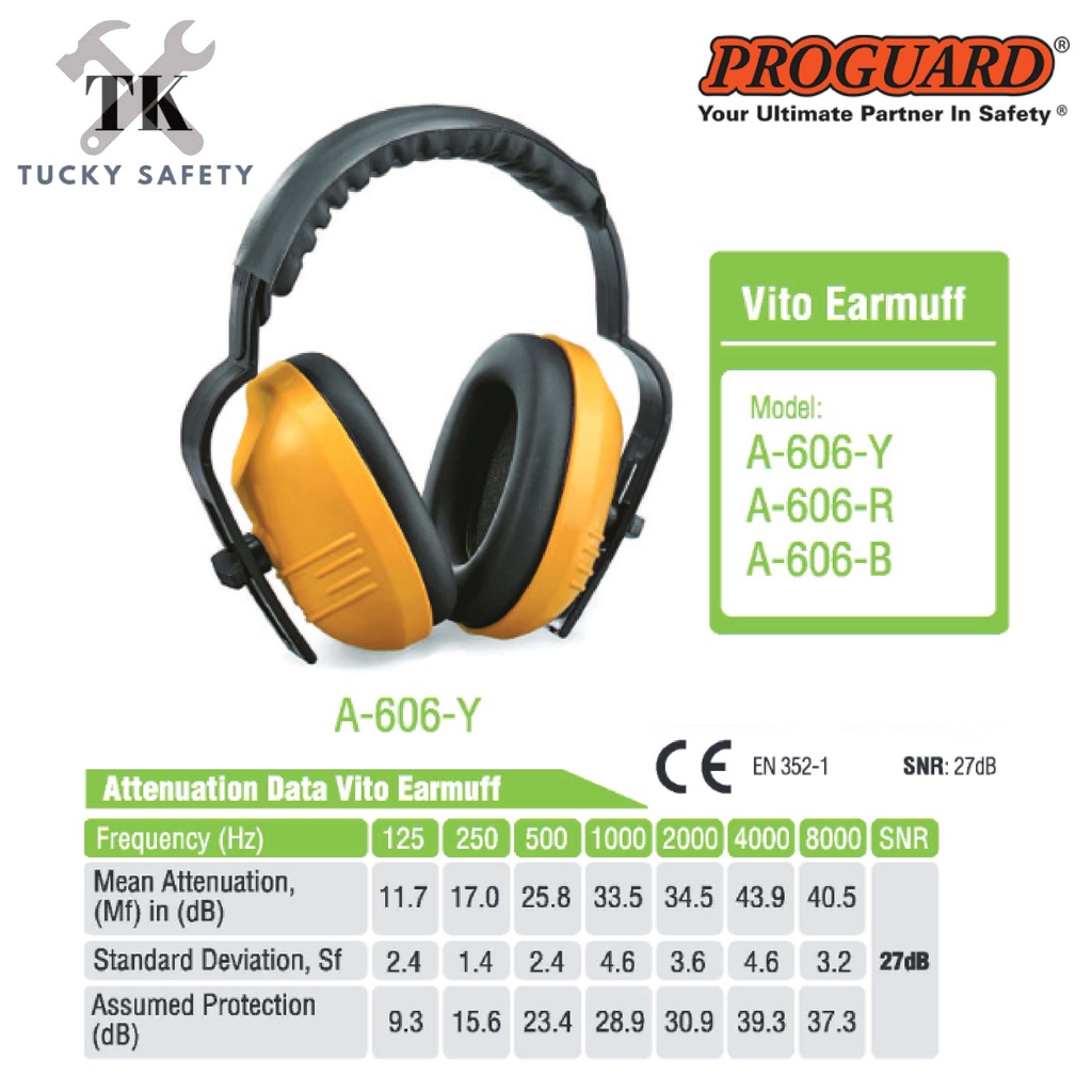 Proguard SNR 27DB Vito Earmuff A-606-Y With Rubber Head Band Adjustable ...