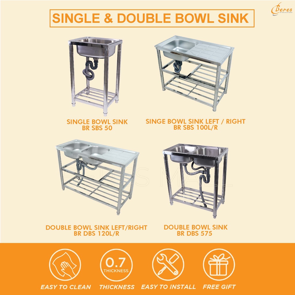 Kitchen Meja Sinki Dapur Stainless Steel Single Sink Rack Rak Bowl DIY ...