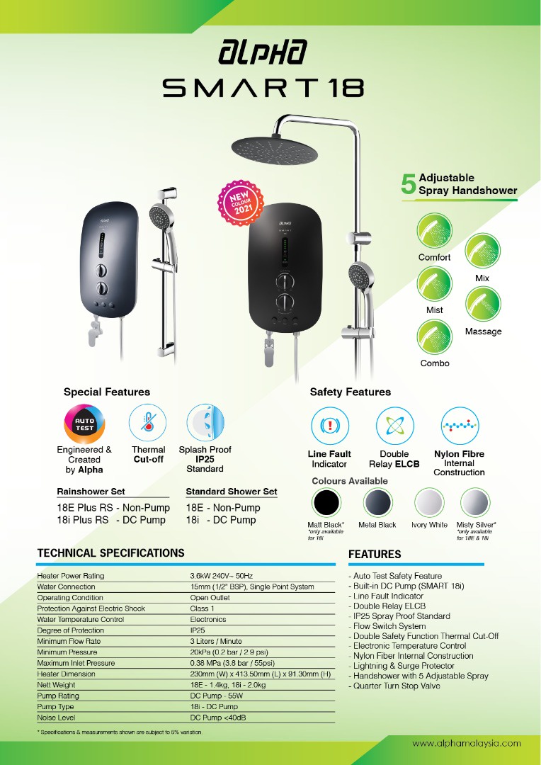 ALPHA SMART 18i 18E Instant Water Heater with DC Pump Non No pump ...