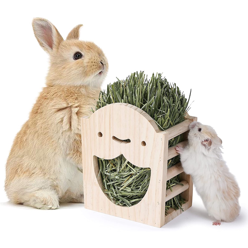 JanYoo Hay Feeder for Rabbits Wooden Holder for Cage Large Rack Hanging ...