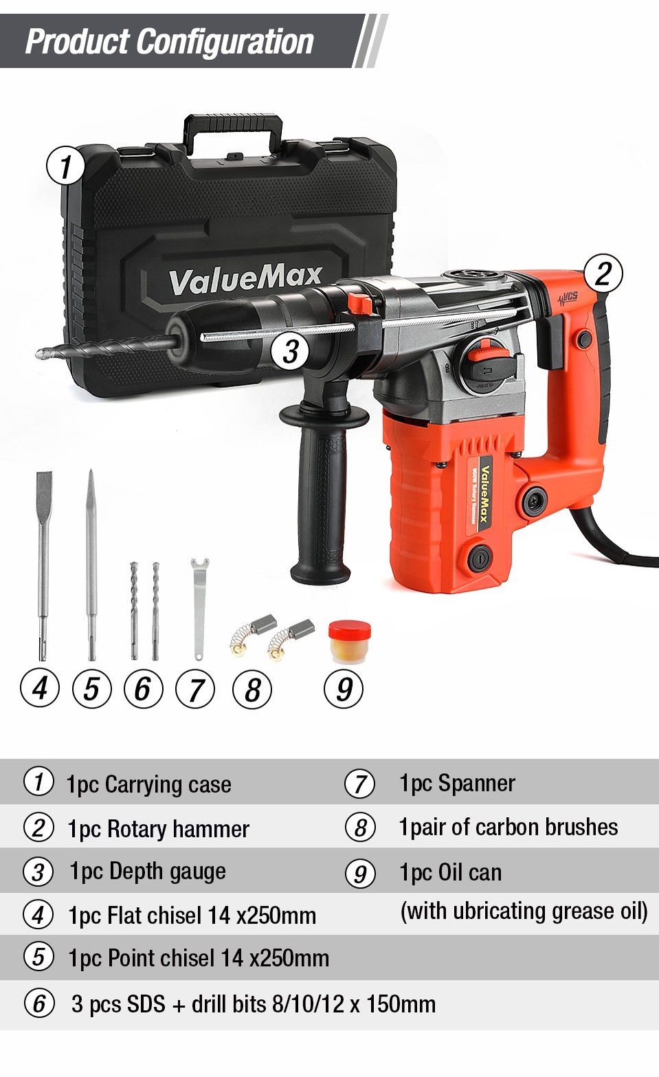 ValueMax 900W Rotary Hammer Drill Impact Drill 26 Heavy Electric Hammer ...