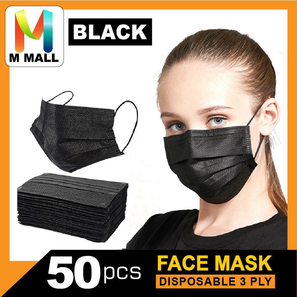 M MALL 50PCS Face Mask Disposable 3ply Face Mouth Mask Filter (BLACK ...