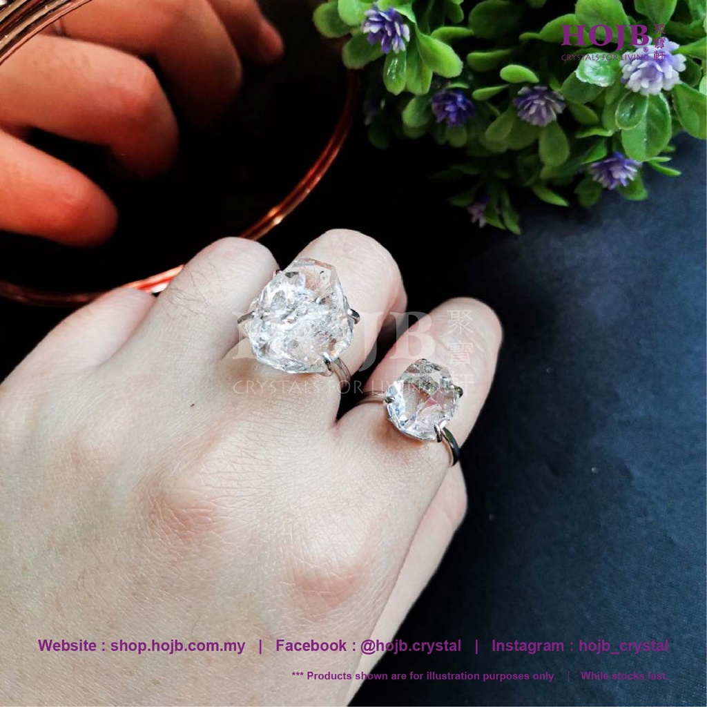 HOJB Herkimer Diamond Rough Stone 5A S925 Ring 10-20mm(Adjustable) 聚寶軒闪灵钻(赫尔基蒙水晶)5A原石S925银戒指10 ...