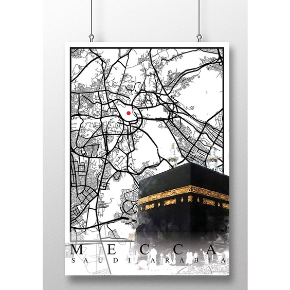Poster Islamic Landmarks, The harams, Makkah, Madinah, Aqsa, map ...