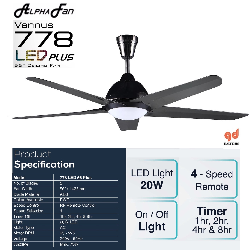Alpha Vannus 778 LED PLUS 56 Inch Ceiling Fan with 5 Blades - 4 Speed ...