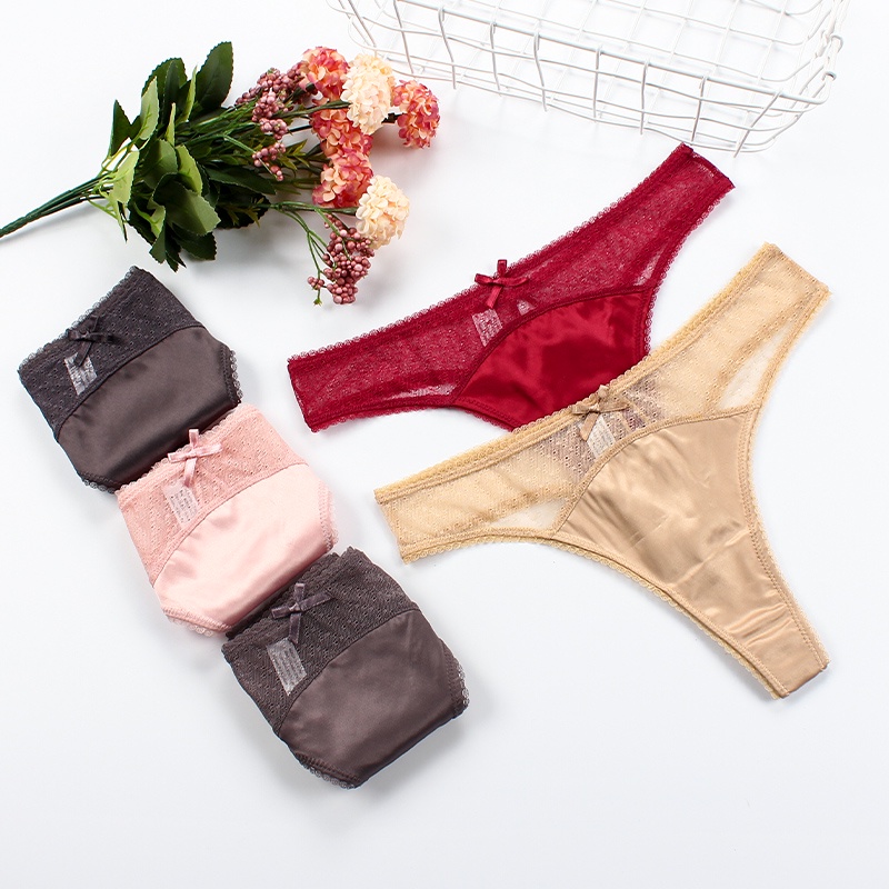 Mid-waist women's solid color pure cotton crotch bow transparent lace t ...