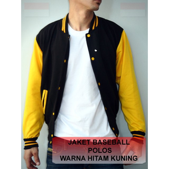 HITAM Plain BLACK BASEBALL JACKET WITH YELLOW SLEEVES! Distro VARSITY ...