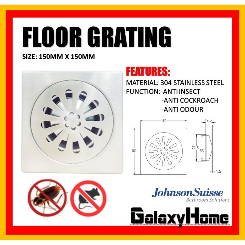 JOHNSON SUISSE 150 x 150mm 304 Stainless Steel Floor Grating Trap with ...