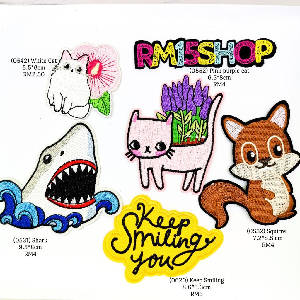 🇲🇾 Cat Squirrel Shark Flower Iron On Patches Embroidery Design ...