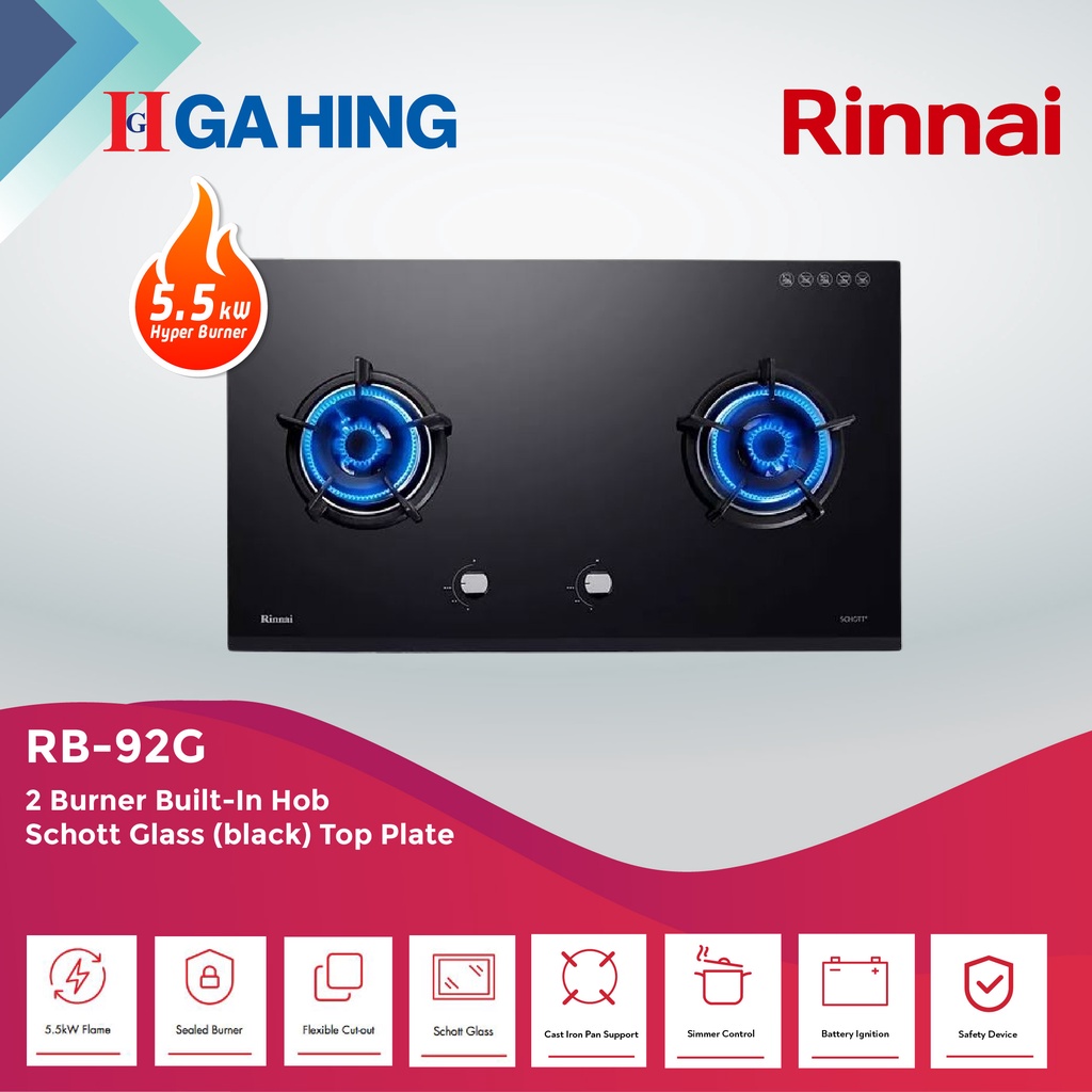 Rinnai RB-92G 2-Hyper Burner Built-in Gas Hob (Glass)/gas hob/hob/gahing | Shopee Malaysia