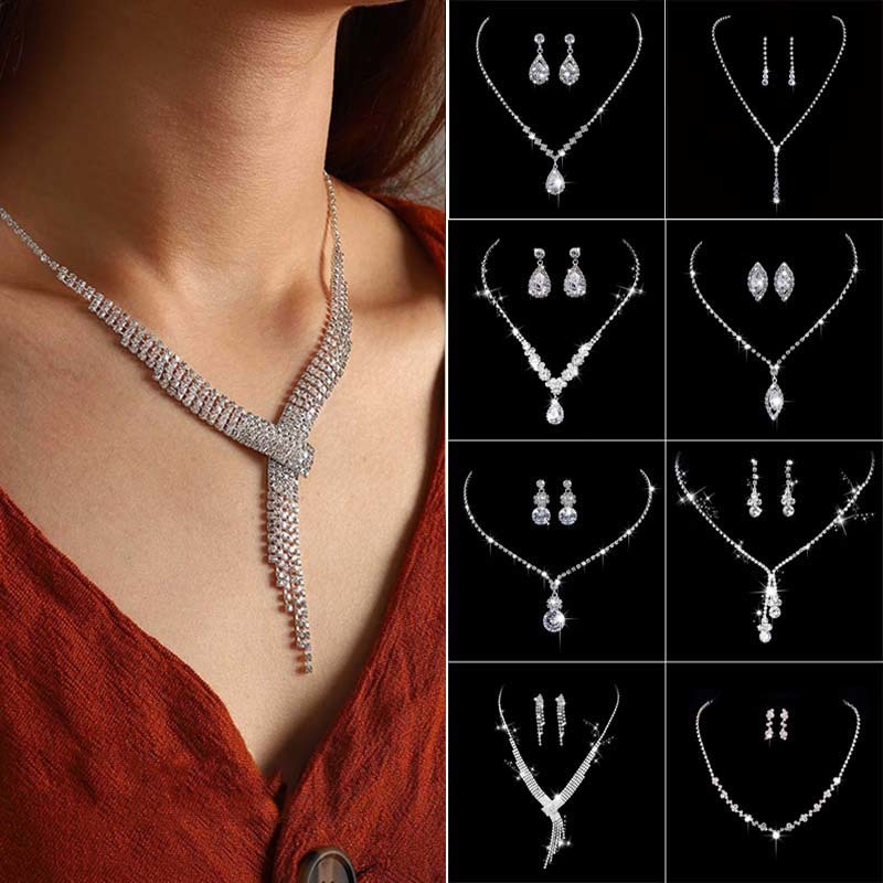 Shiny Crystal Flower Women Necklace Earring Jewelry Set | Shopee Malaysia