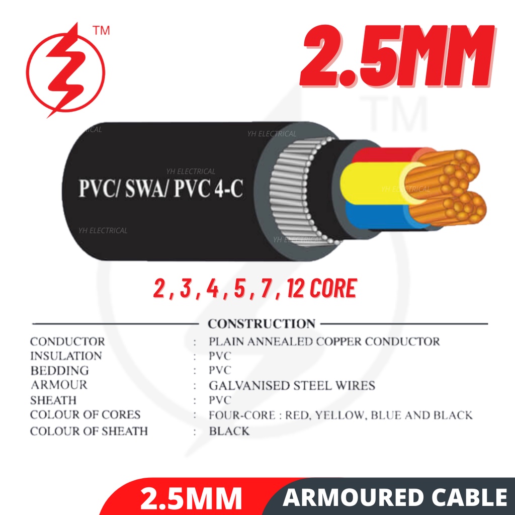[LOOSE CUT] 2.5mm x 2C /3C /4C /5C /7C /12C Armoured Cable / Underground Cable | Shopee Malaysia