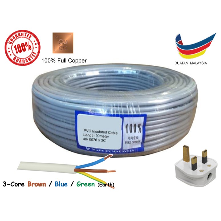 Electricity Wire AC Power Cable 3-Core PVC Insulated Bare Copper Wire ...